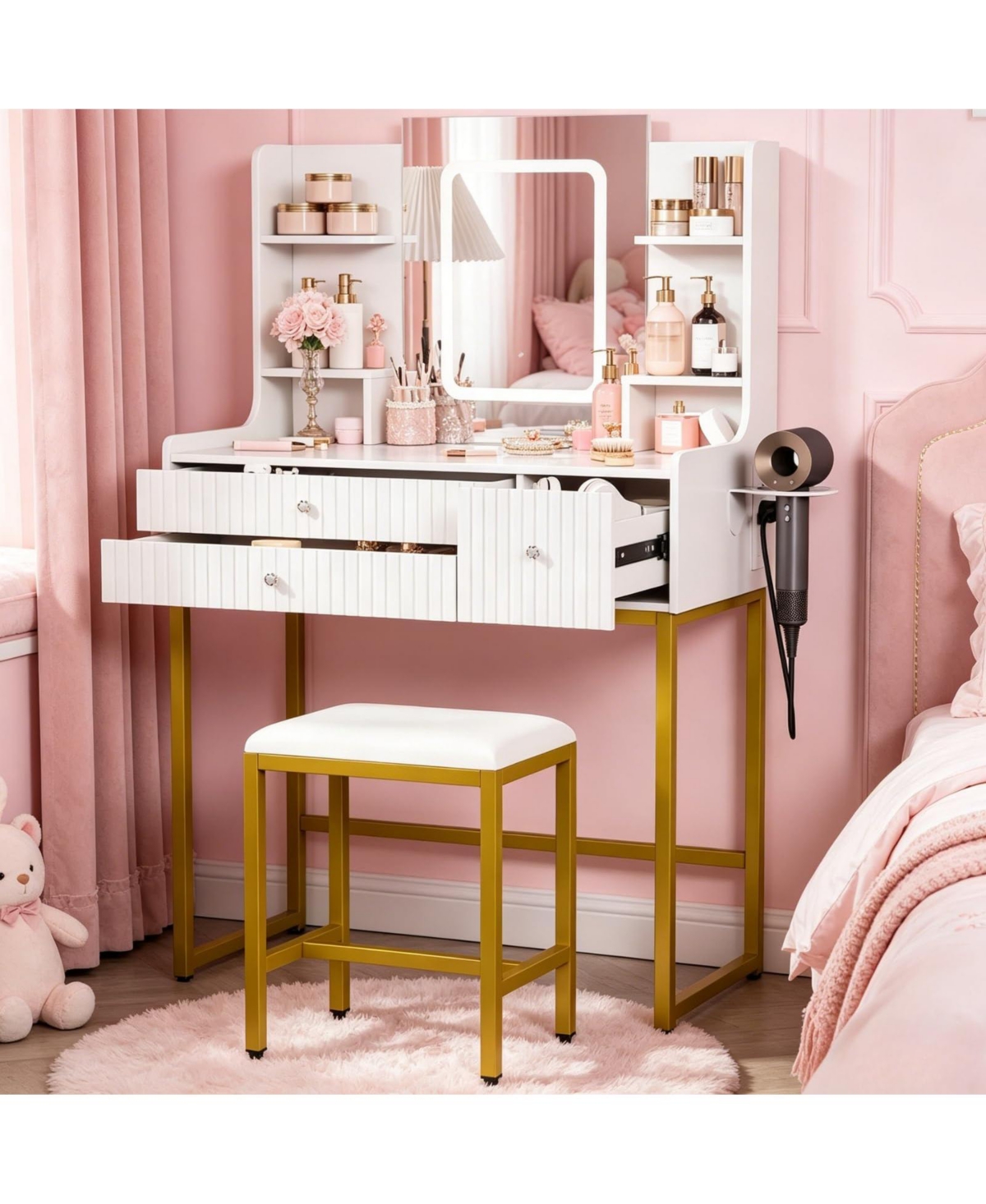 Click here for homfan Modern Small Vanity Desk with Mirror  3-Col... prices