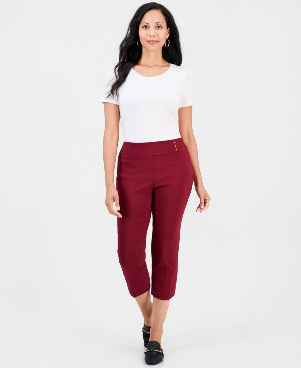 Click here for Jm Collection Petite Rivet-Detail Capri Pants - Ch... prices