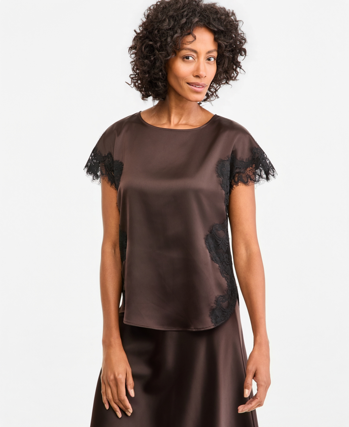 Click here for Anne Klein Womens Short-Sleeve Lace-Trim Satin Top... prices