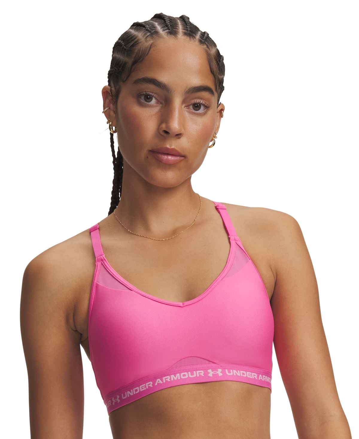 Click here for Under Armour Womens Crossback Low Bra - Pink Frenz... prices