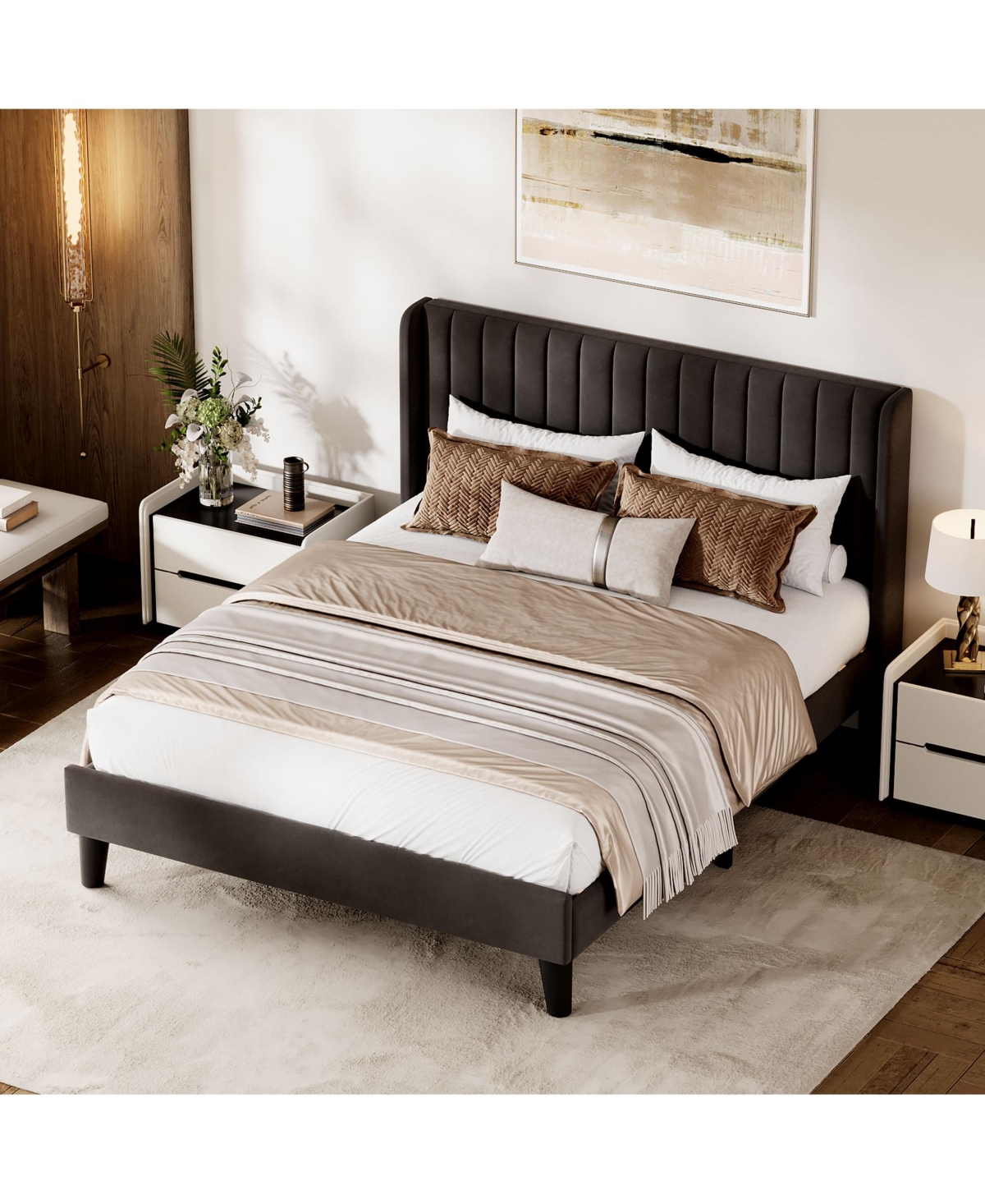 Click here for homfan Velvet Bed Frame with Upholstered Headboard... prices