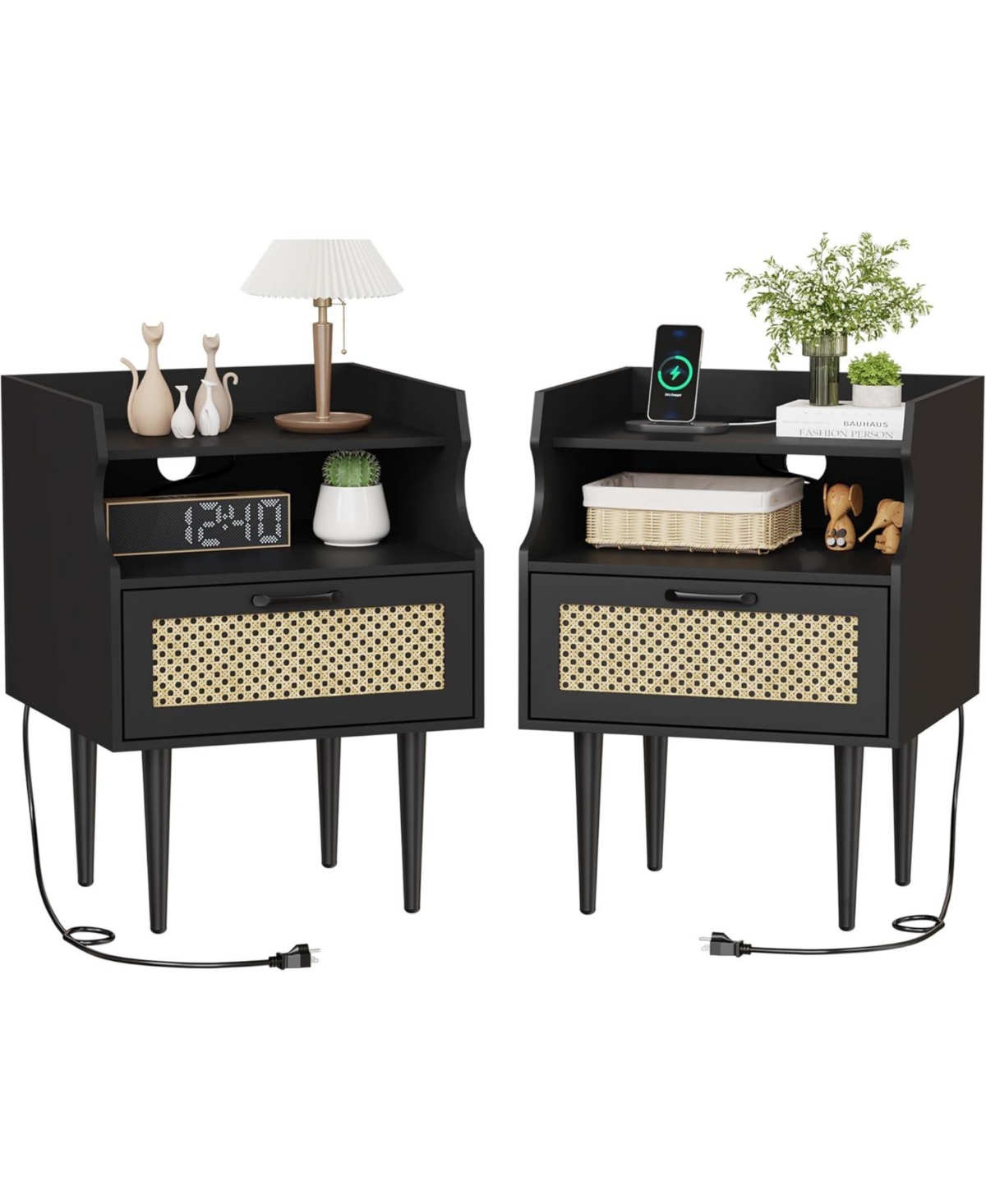 Click here for gaomon 2-Piece Wooden Rattan Modern Black End Tabl... prices