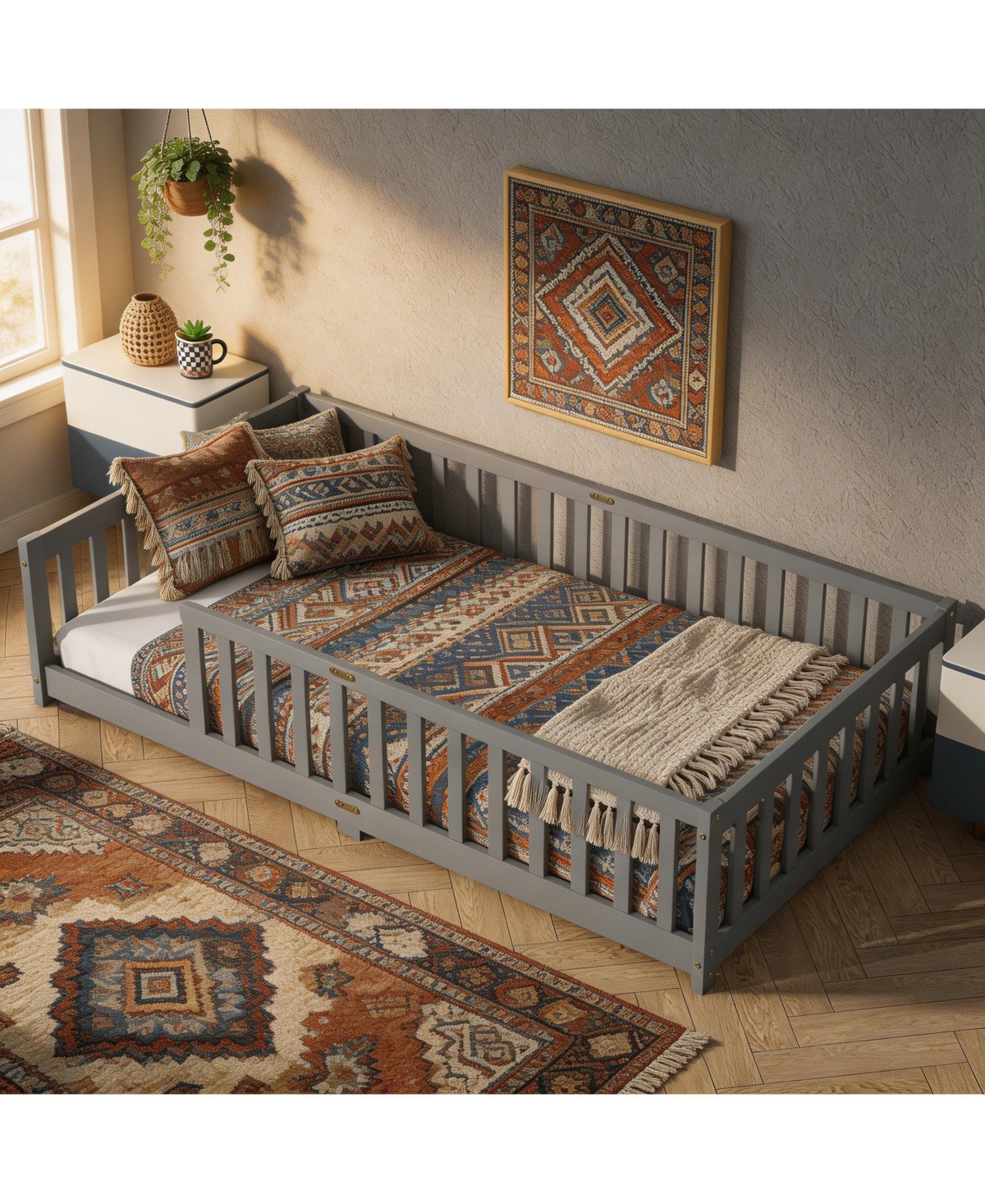 Click here for Sailvan Twin Floor Bed with Fence Solid Rubber Woo... prices