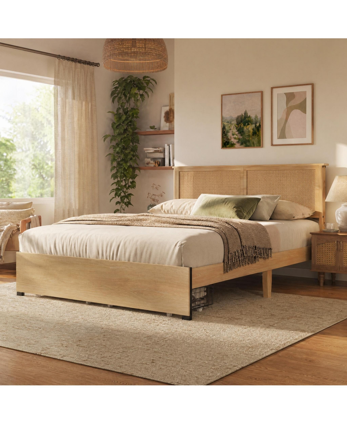 Click here for homfan Boho Rattan Headboard Platform Bed With Sto... prices