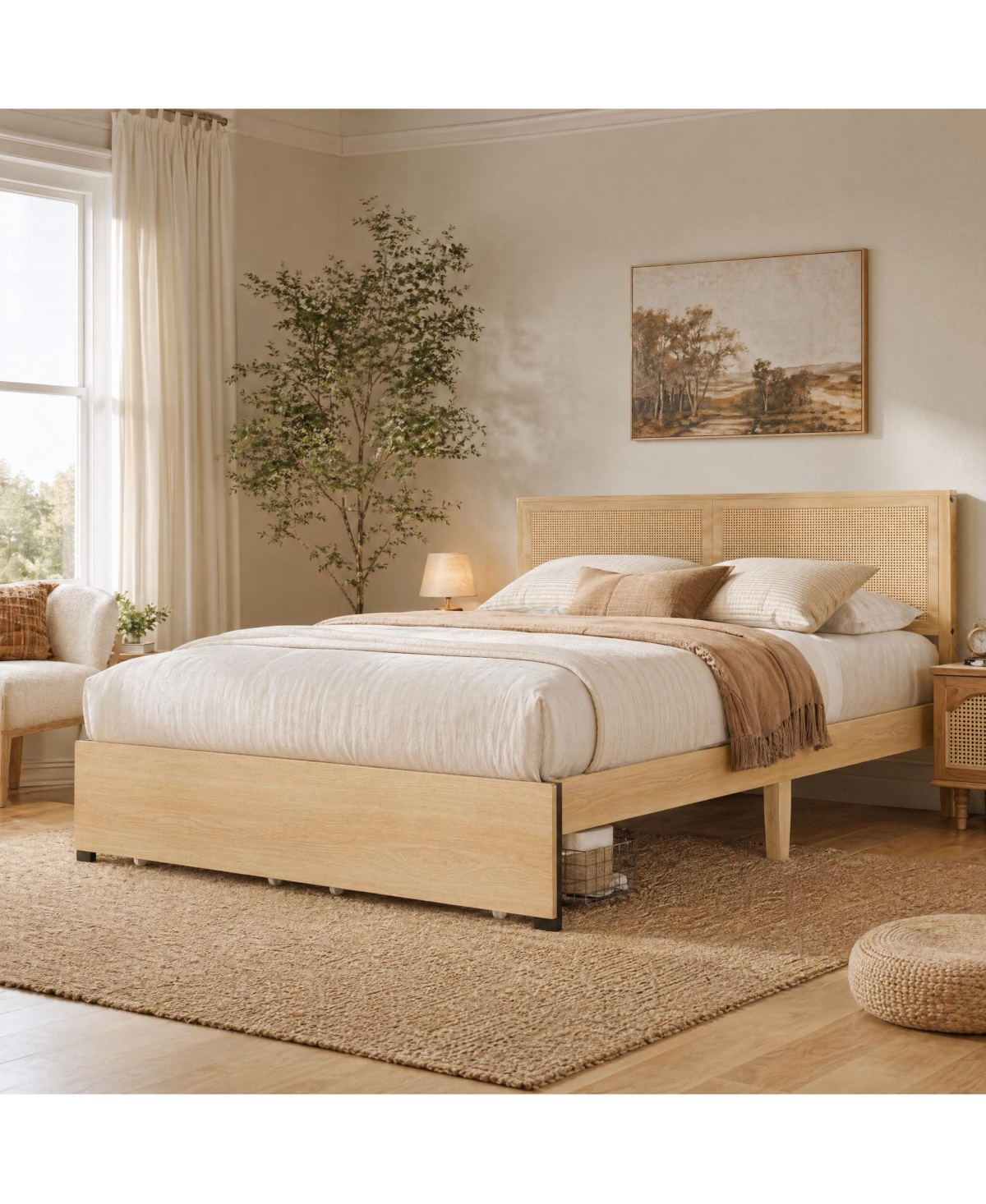 Click here for homfan Boho Rattan Headboard Platform Bed With Sto... prices