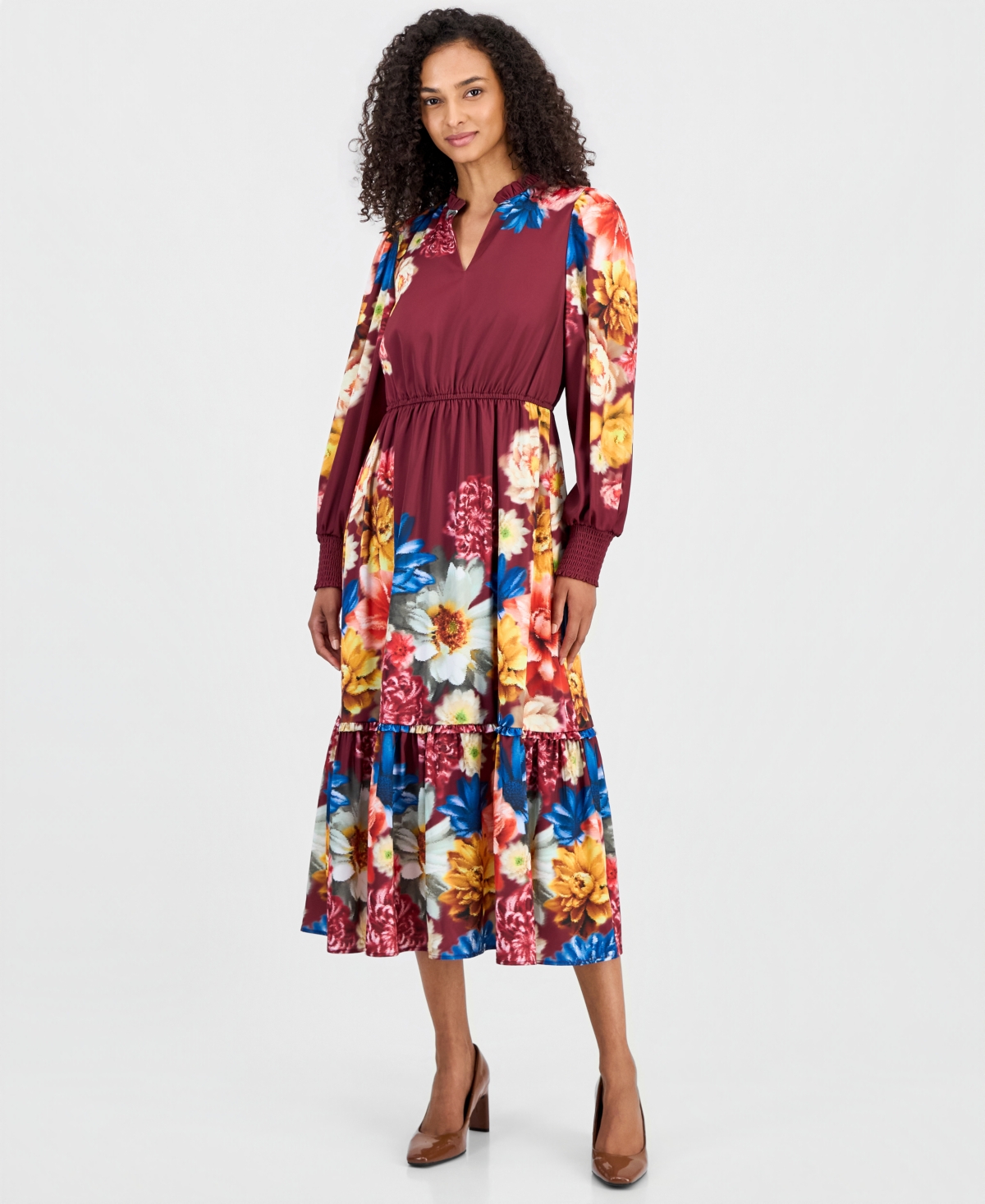 Click here for T Tahari Womens Floral Long-Sleeve A-Line Midi Dre... prices
