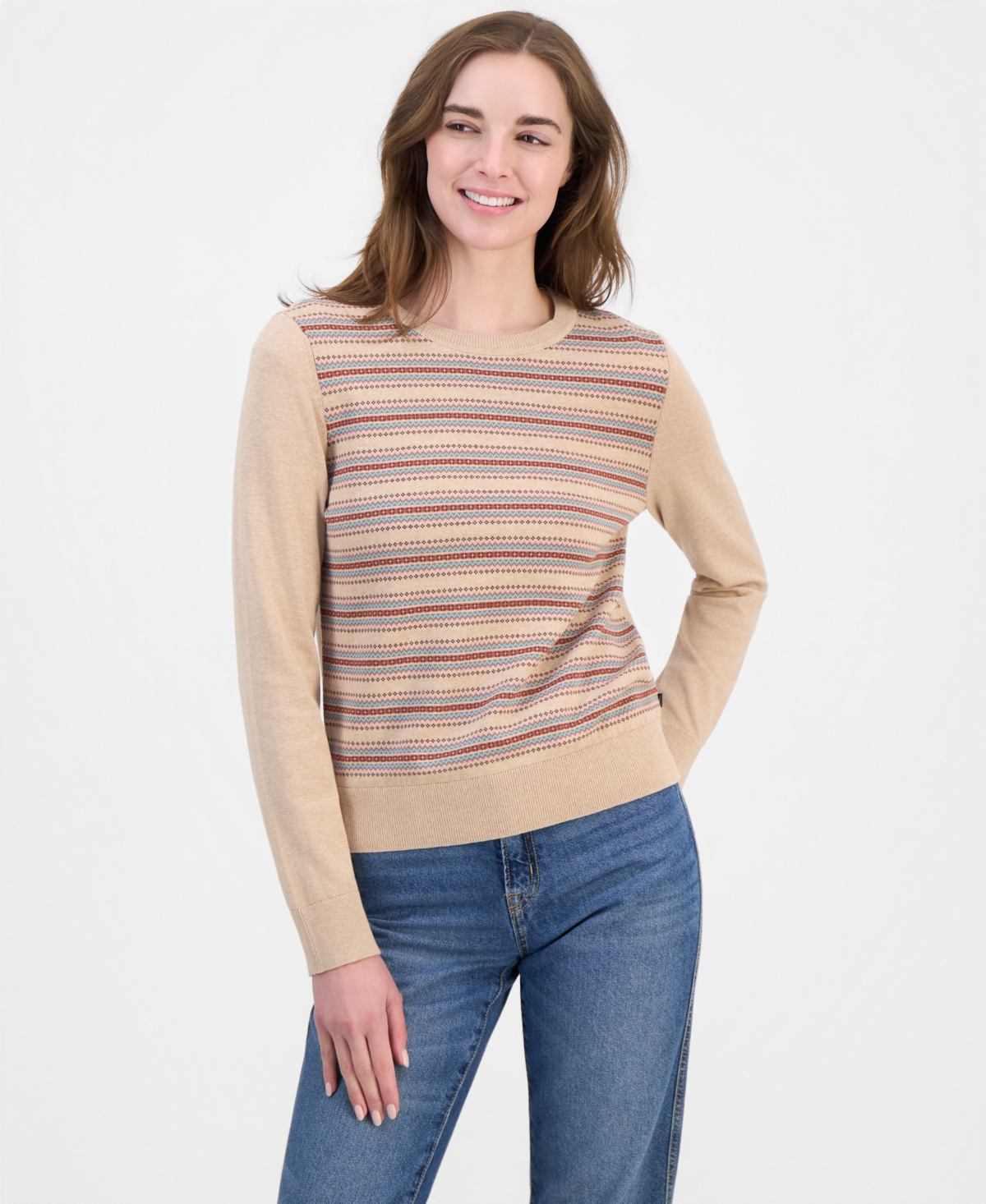 Click here for Nautica Womens Fair Isle Stripe Sweater - Brown prices