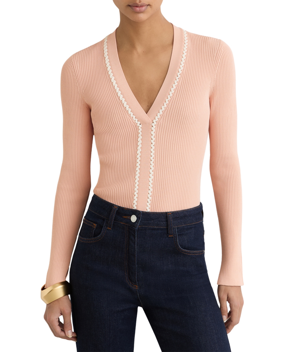 Click here for Reiss Womens Craft-Stitch Rib-Knit Sweatshirt - Pi... prices