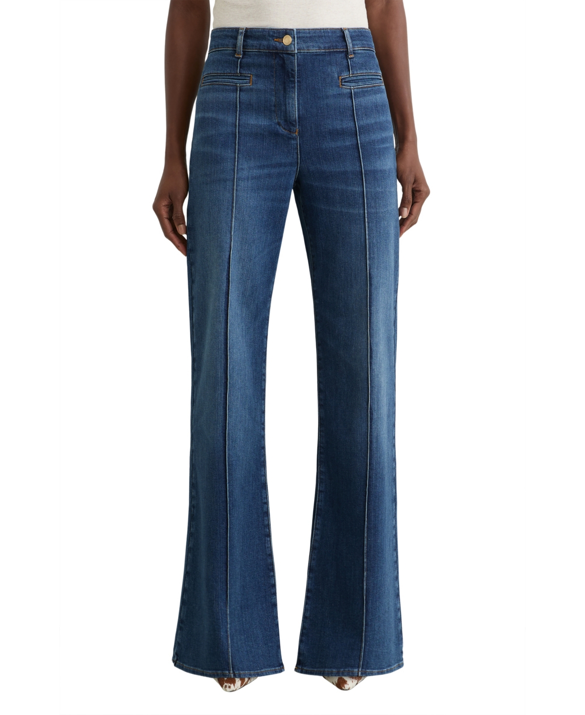 Click here for Reiss Womens Pintuck-Detail Flared Jeans - Mid Blu... prices