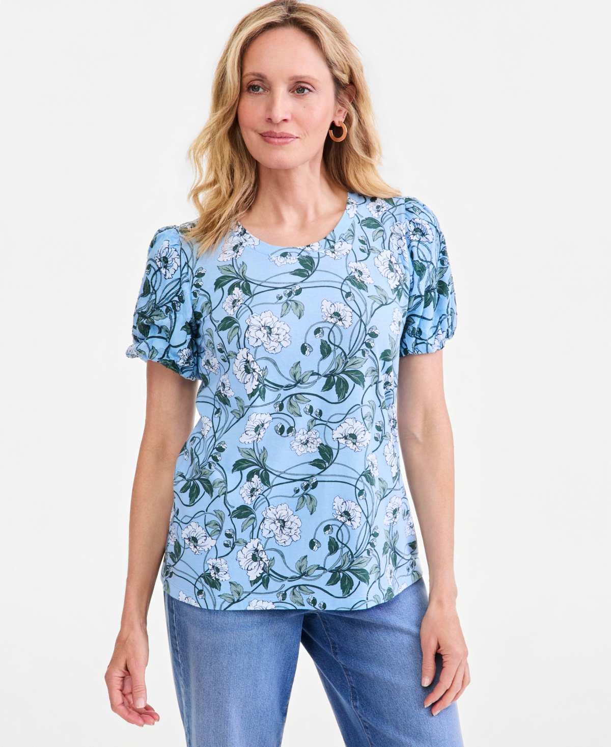Click here for Style & Co Womens Mix Media Puff-Sleeve Floral-Pri... prices