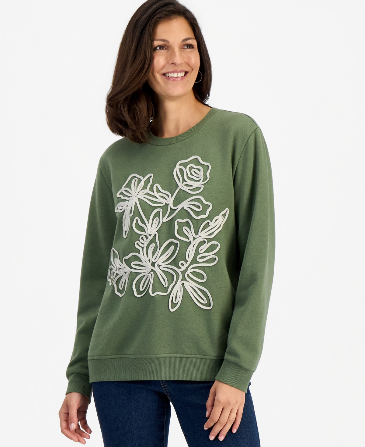Click here for Style & Co Petite Soutache Fleece Pull-On Sweatshi... prices