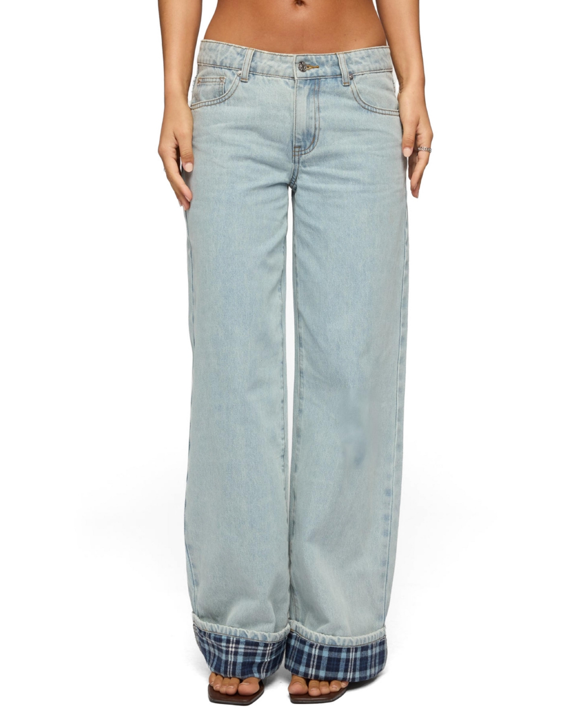 Click here for Edikted Womens Plaid Cuffed Low Rise Jeans - Light... prices