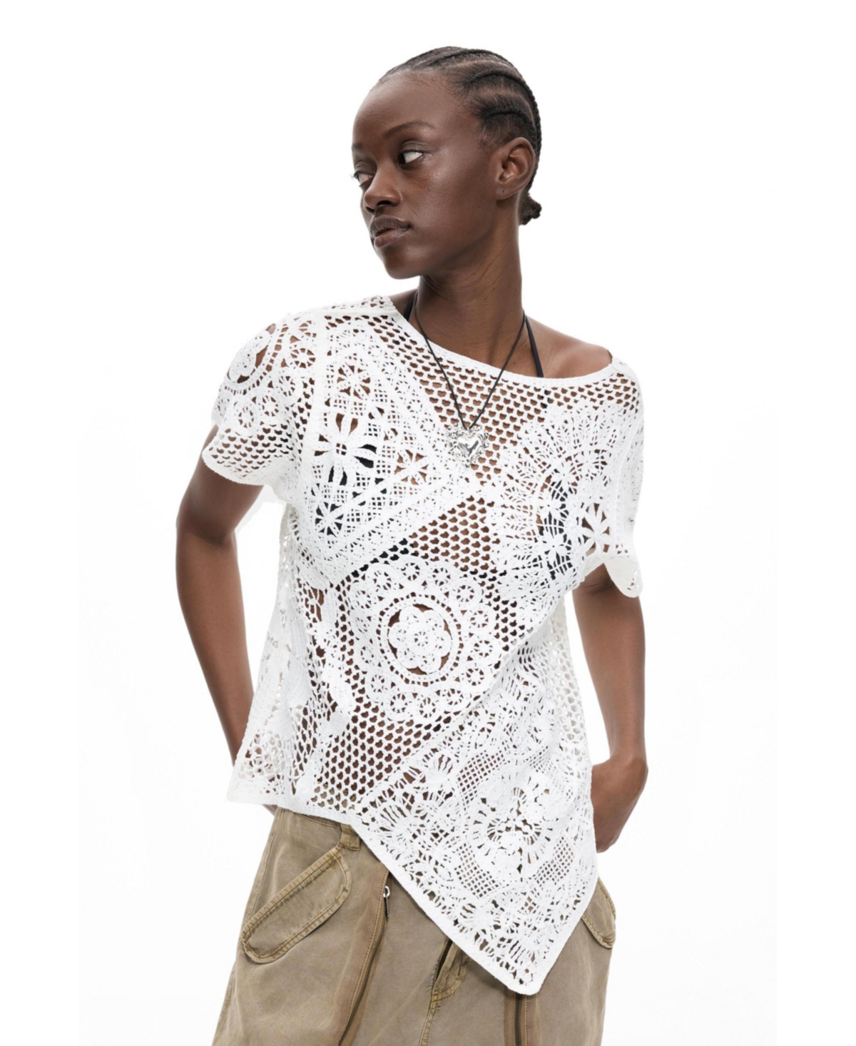 Click here for Desigual Womens Asymmetric crochet t-shirt - Off w... prices