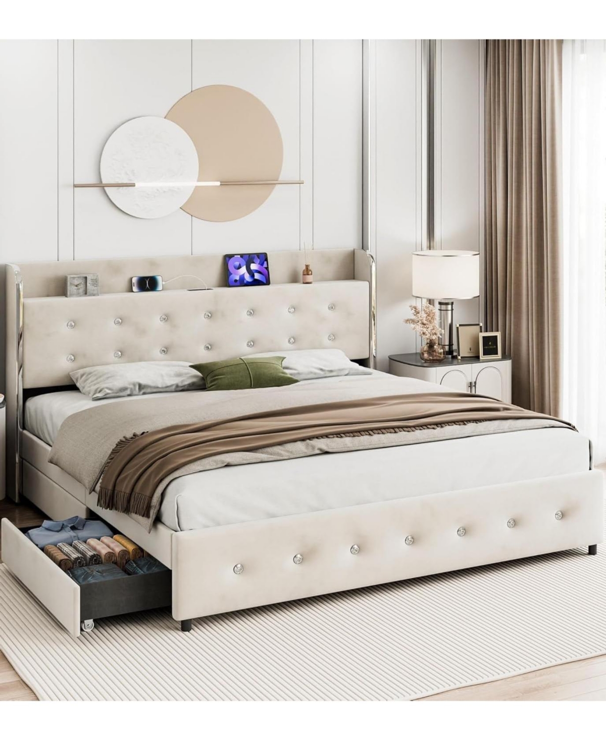 Click here for homfan King Bed Frame with Headboard Shelf and Cha... prices