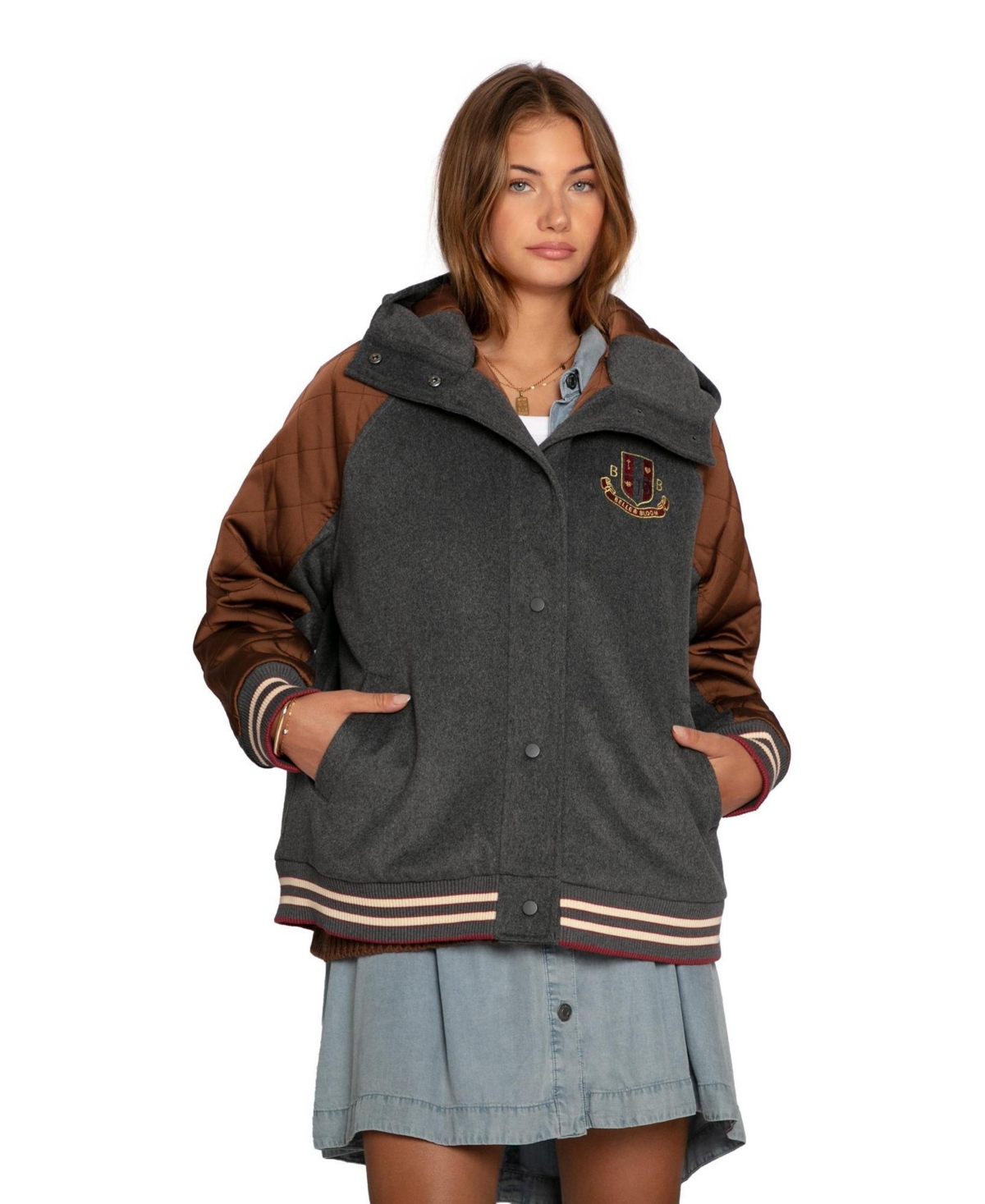 Click here for Belle & Bloom Womens Remix Bomber Varsity Jacket -... prices