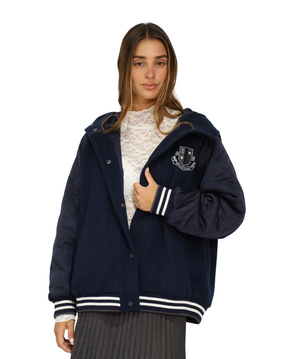Click here for Belle & Bloom Womens Remix Bomber Varsity Jacket -... prices