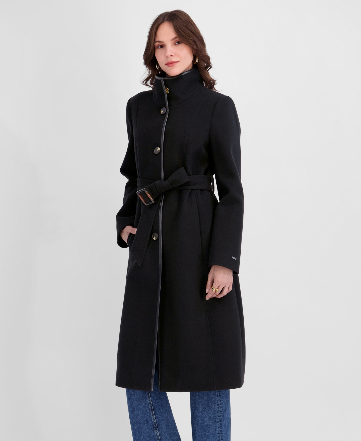 Click here for Tahari Womens Belted Faux-Leather Trimmed Funnel N... prices
