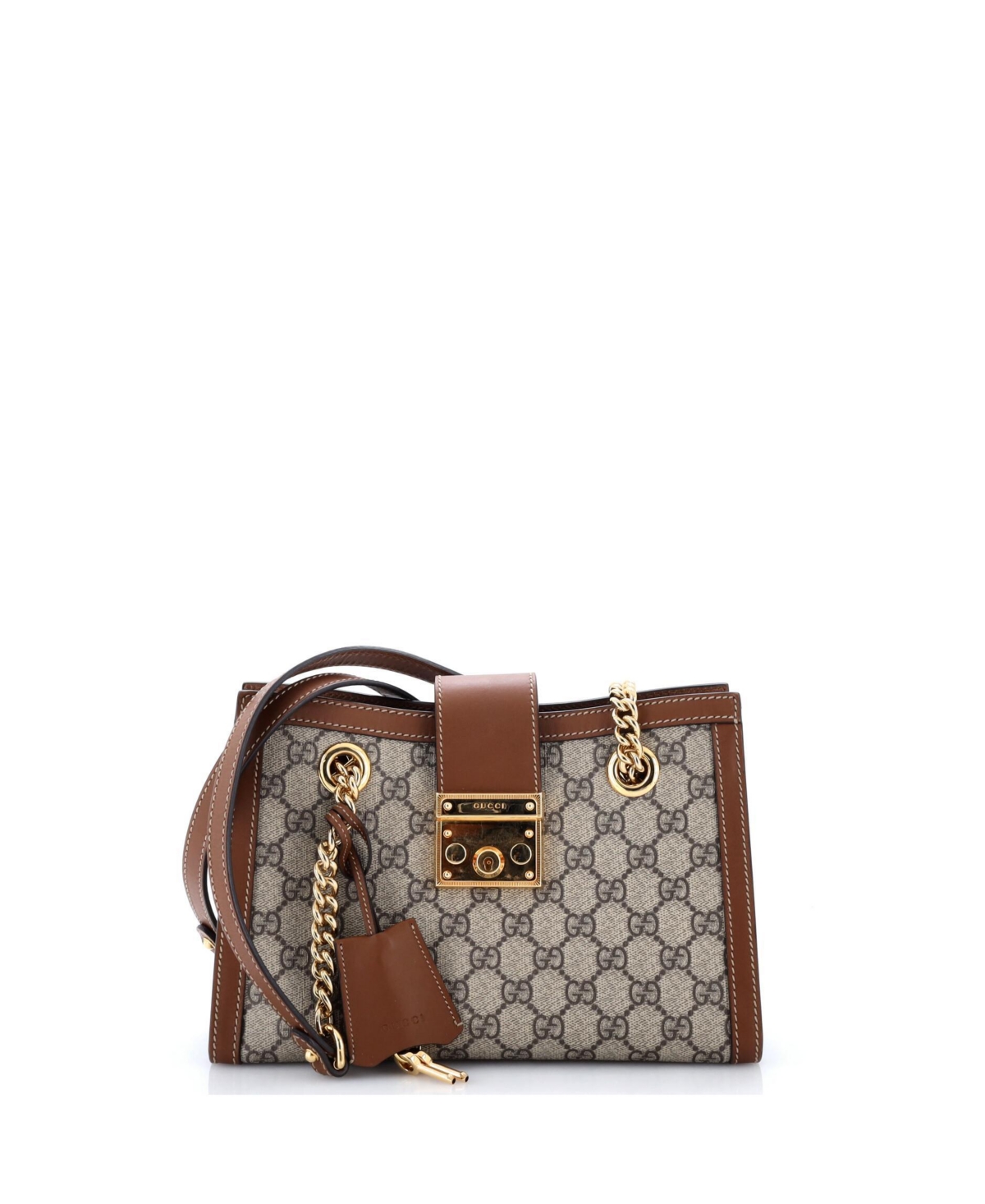 Click here for Pre-Owned Gucci Small Padlock Chain Tote Gg Coated... prices