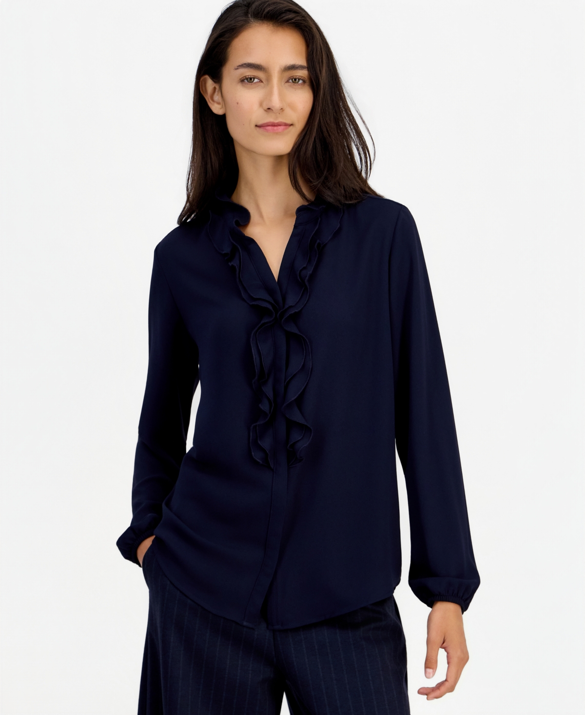 Click here for Bar Iii Womens Ruffle-Front Long-Sleeve V-Neck Blo... prices