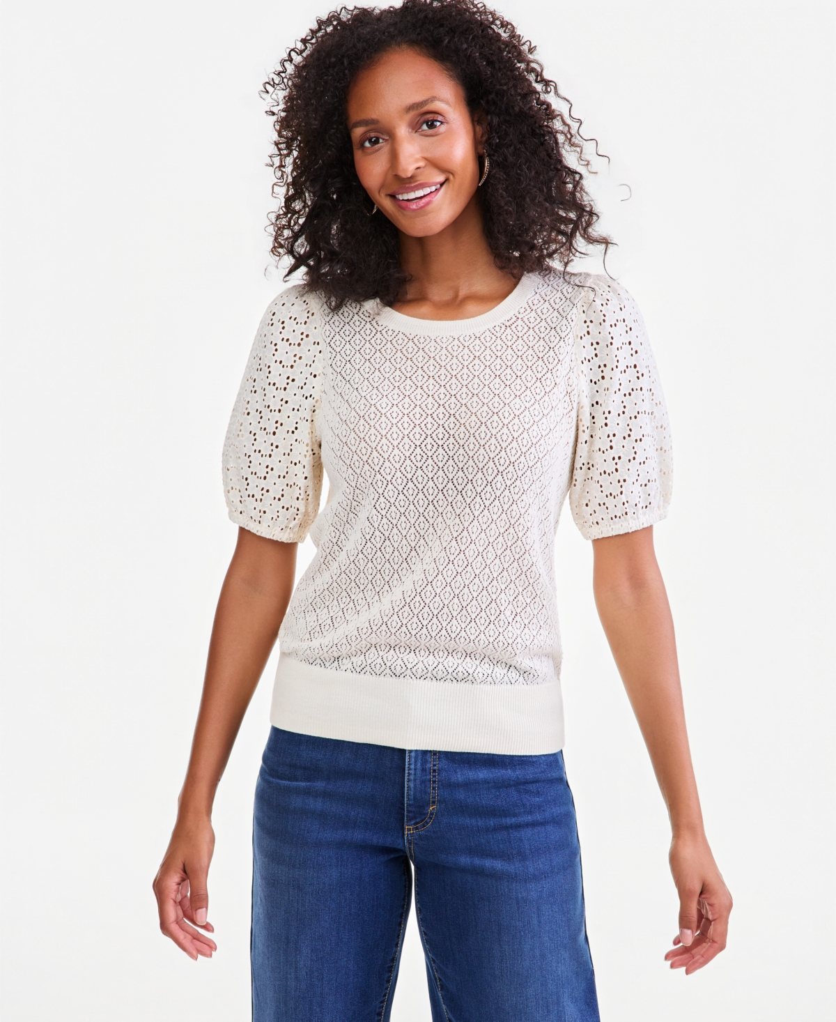 Click here for Style & Co Petite Cotton Crewneck Pointelle Sweate... prices