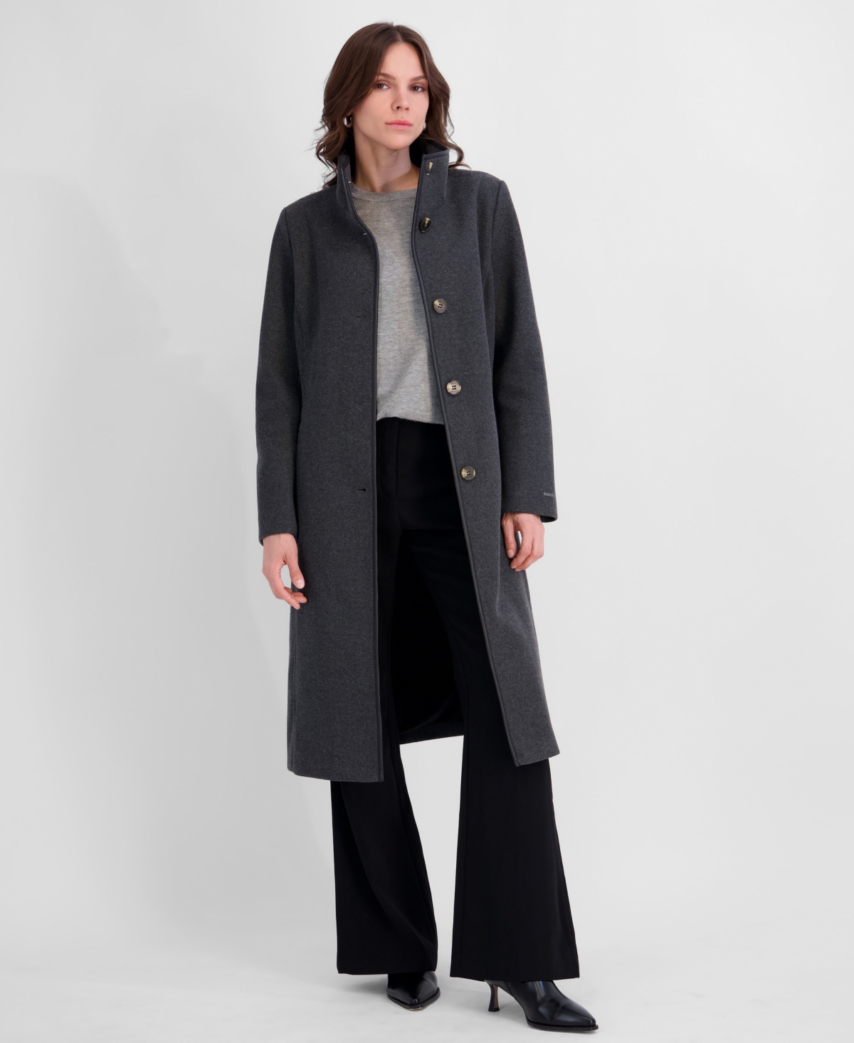 Click here for Tahari Womens Belted Faux-Leather Trimmed Funnel N... prices