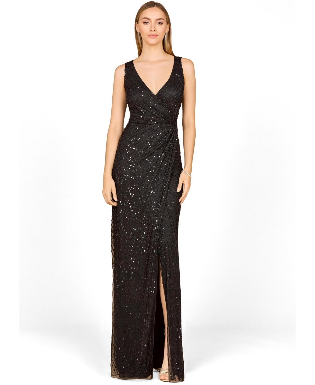 Click here for Lara Womens Beaded Gown with Slit - Black prices