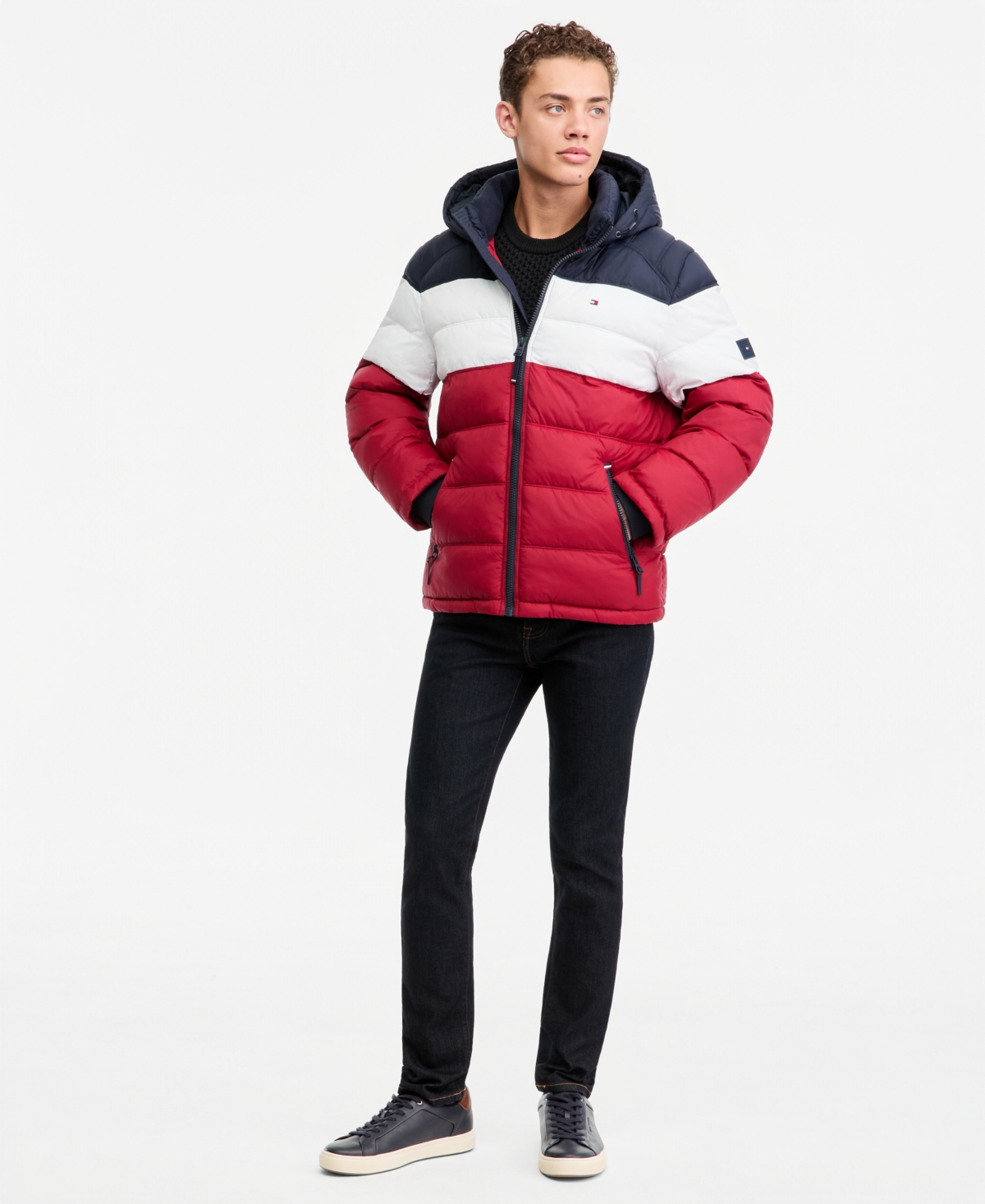 Click here for Tommy Hilfiger Mens Hooded Puffer Jacket - Red/Whi... prices