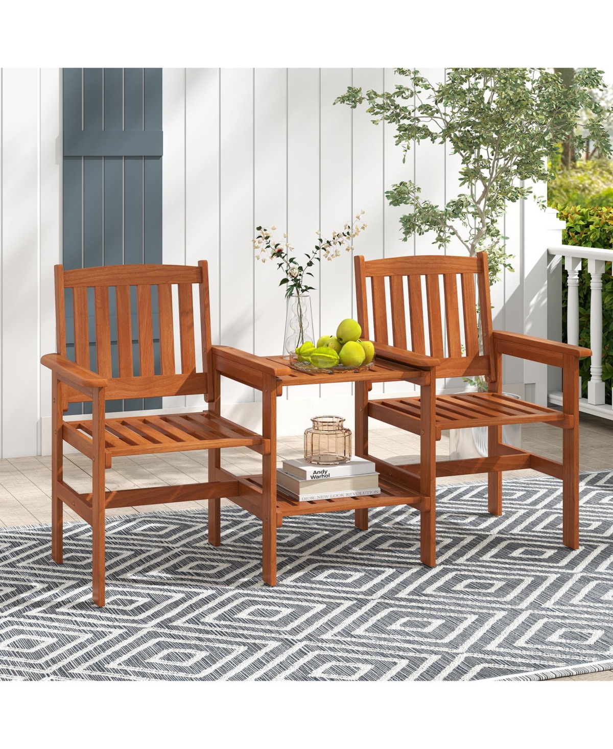 Click here for Gymax Outdoor Wood Bench Loveseat with Built-in Ta... prices