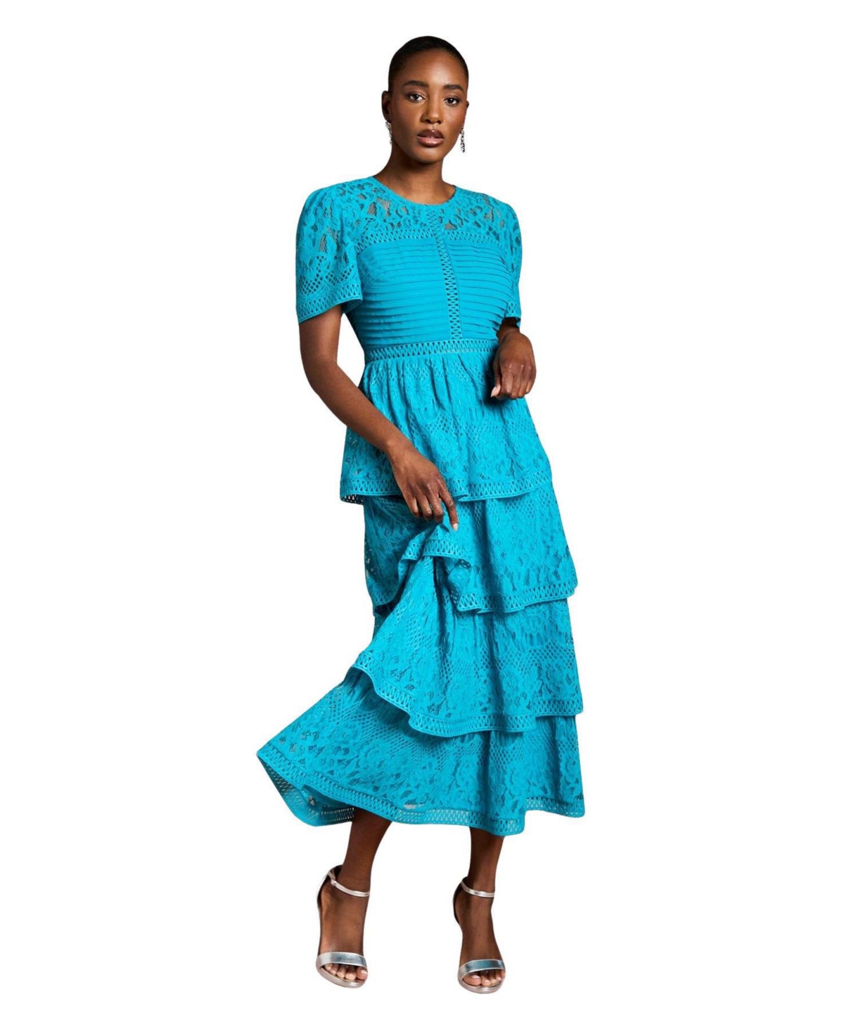 Click here for Coast Womens Tiered Lace Midi Dress - Teal prices