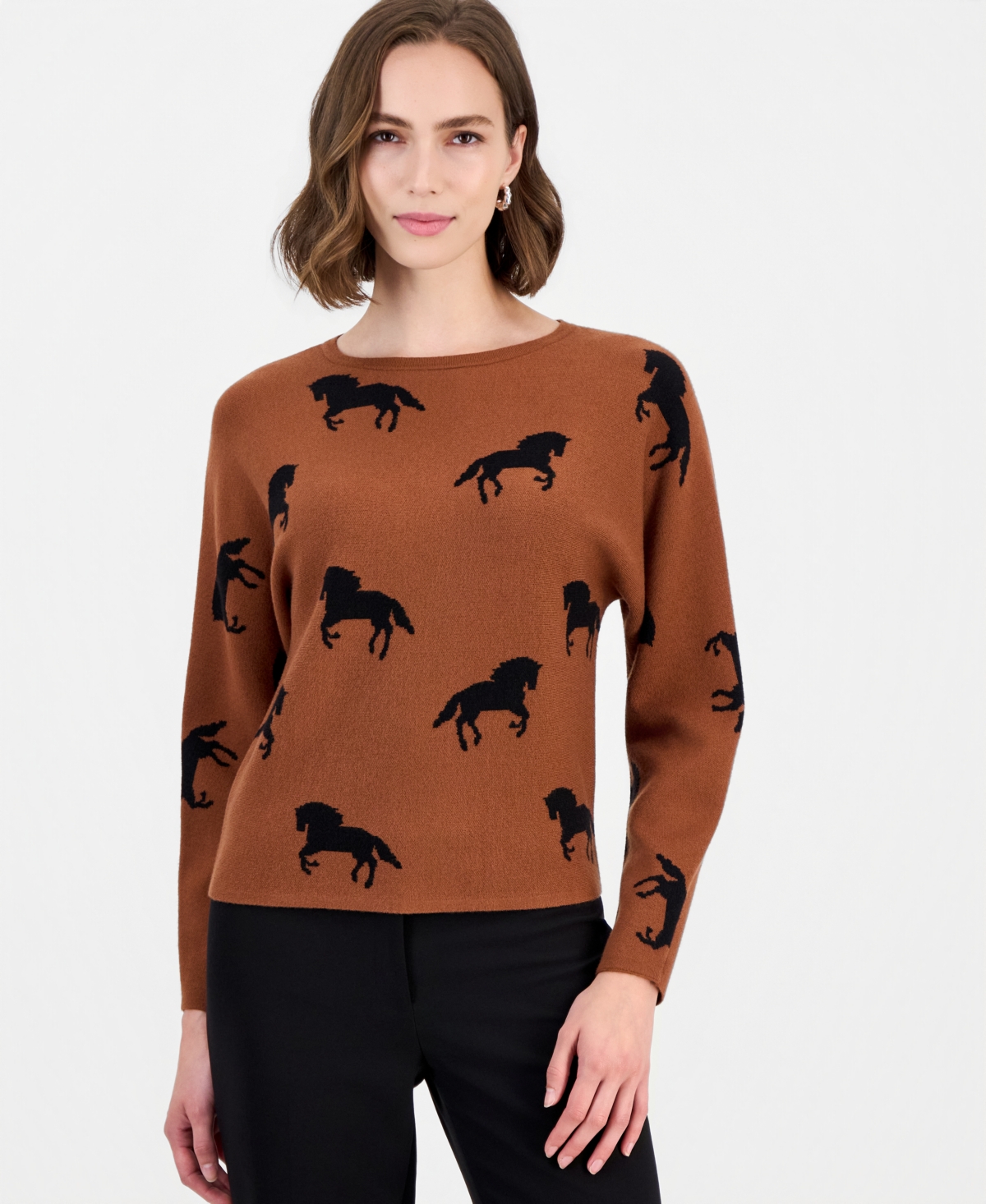 Click here for T Tahari Womens Dolman Sleeve Crewneck Horse Jacqu... prices