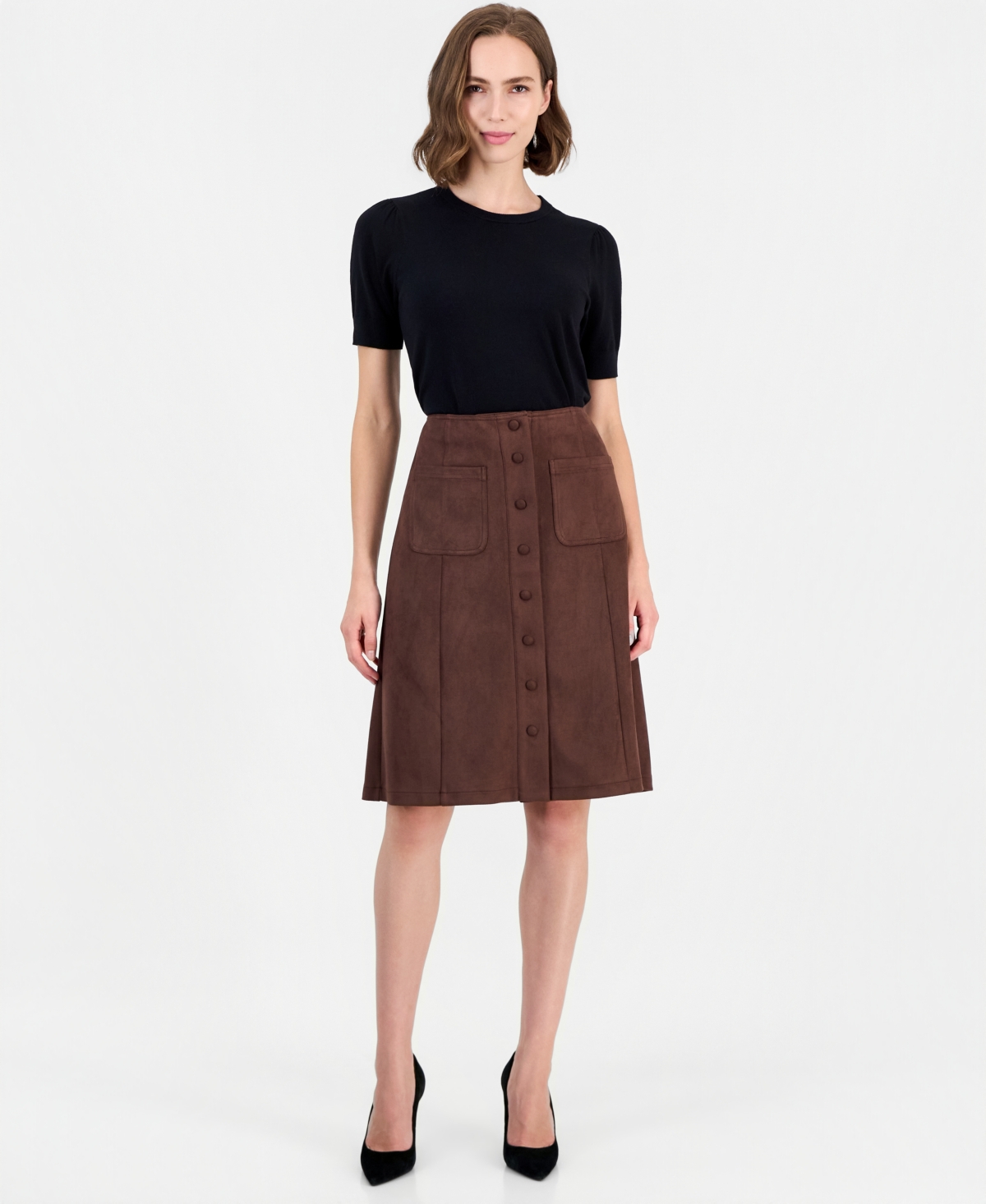 Click here for T Tahari Womens High-Waisted Midi A-Line Faux Sued... prices