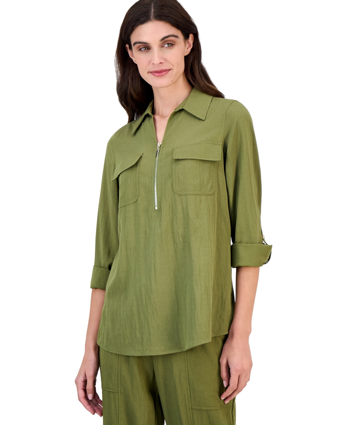 Click here for Anne Klein Petite Half-Zip Collared Shirt - Bay Le... prices