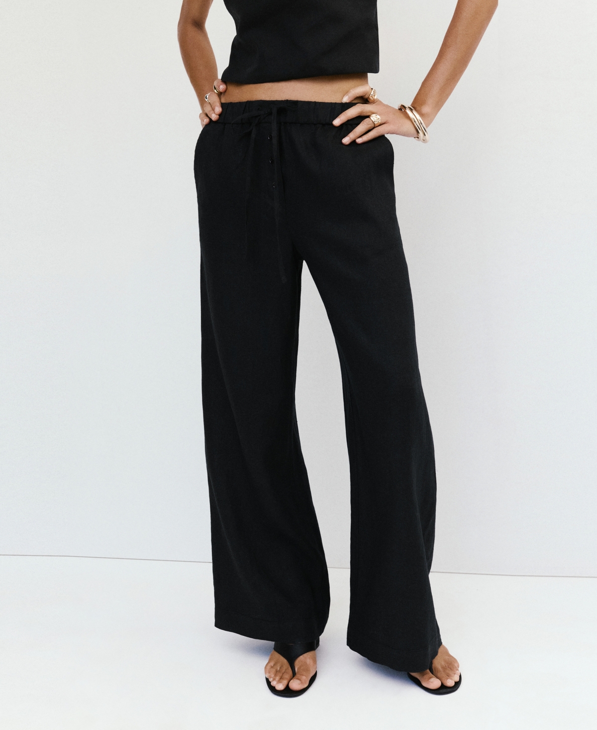 Click here for Mango Womens Wide-Leg Linen Pants - Black prices