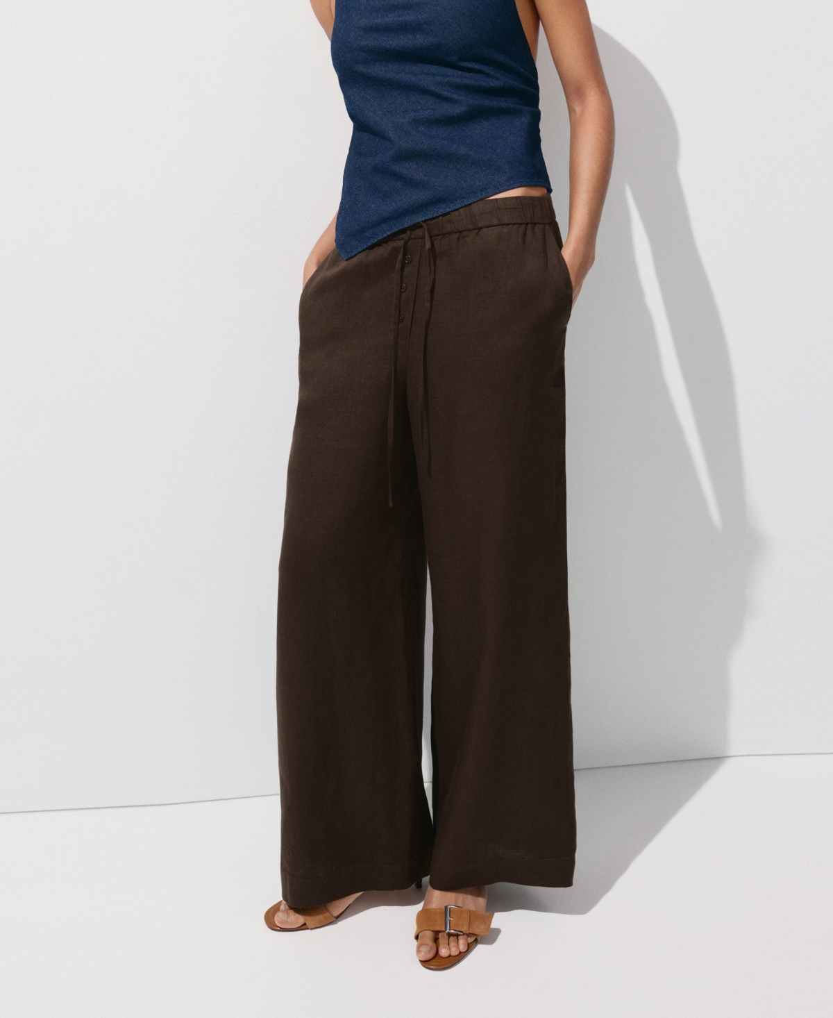 Click here for Mango Womens Wide-Leg Linen Pants - Dark Brown prices