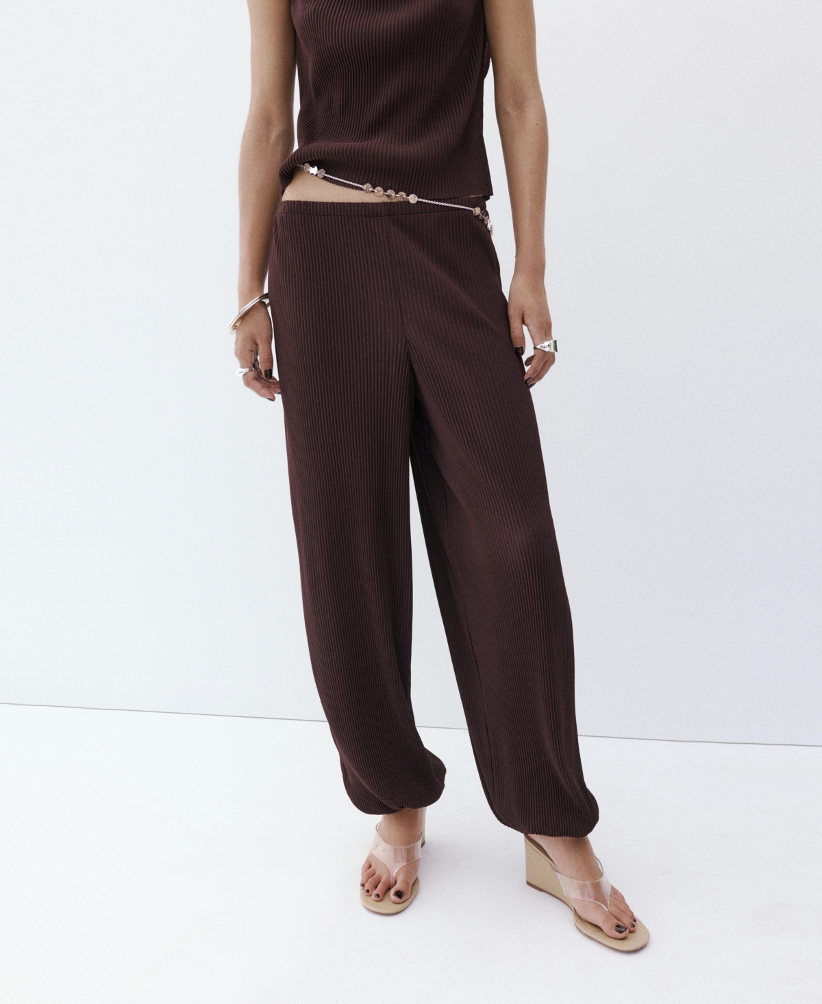 Click here for Mango Womens Textured Baggy Pants - Dark Brown prices