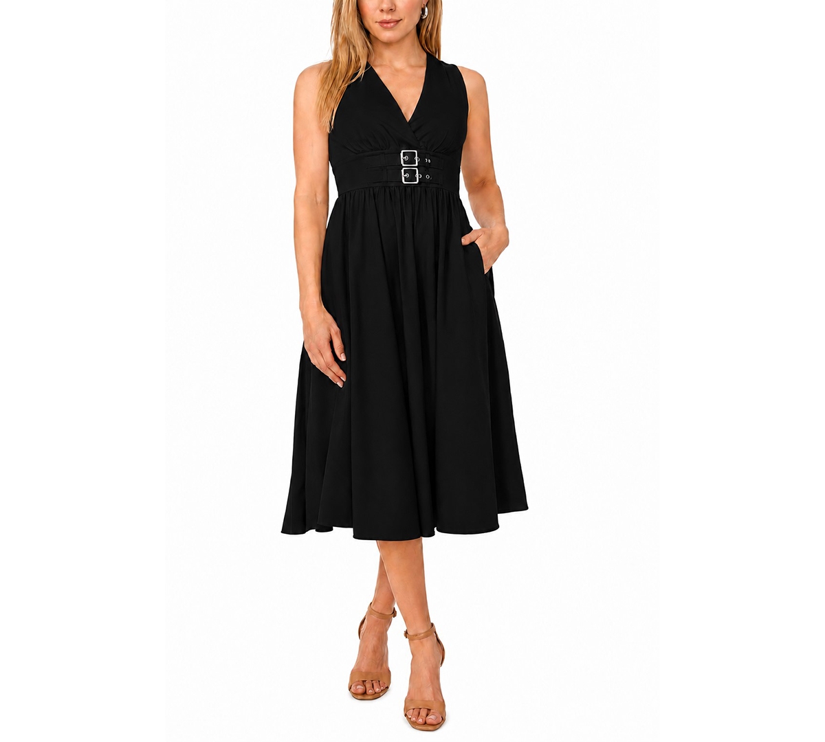 Click here for Msk Petite Sleeveless Buckle-Waist Midi Dress - Bl... prices