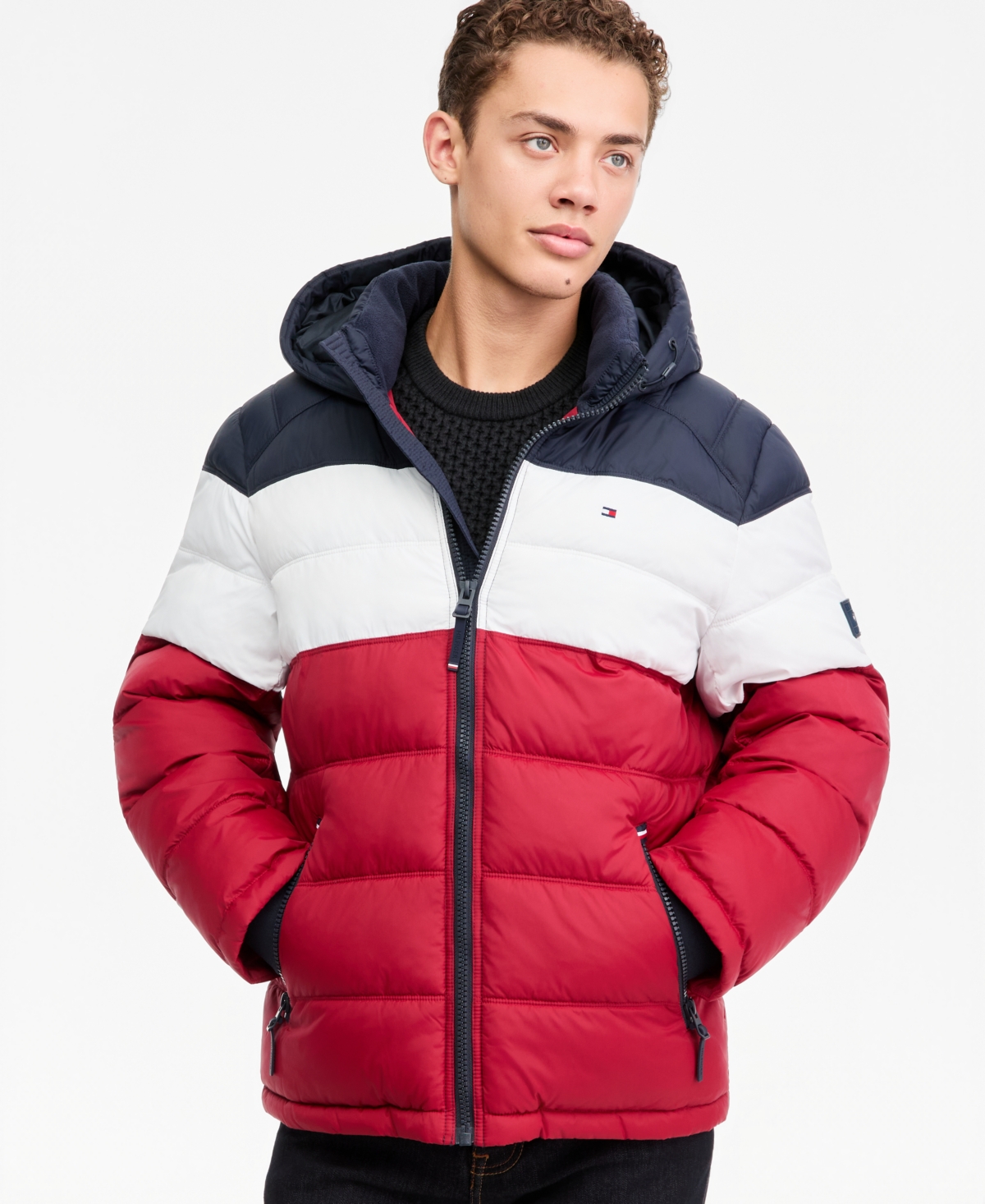Click here for Tommy Hilfiger Mens Hooded Puffer Jacket - Red/Whi... prices