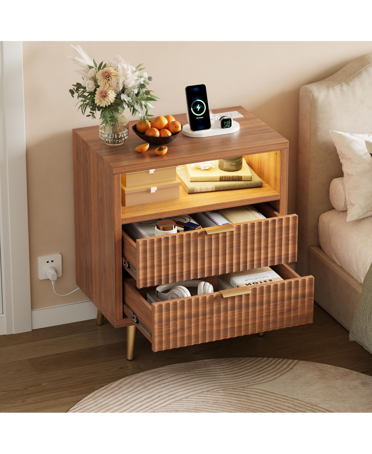 Click here for gaomon Fluted Nightstand with Led Lights  2 Drawer... prices