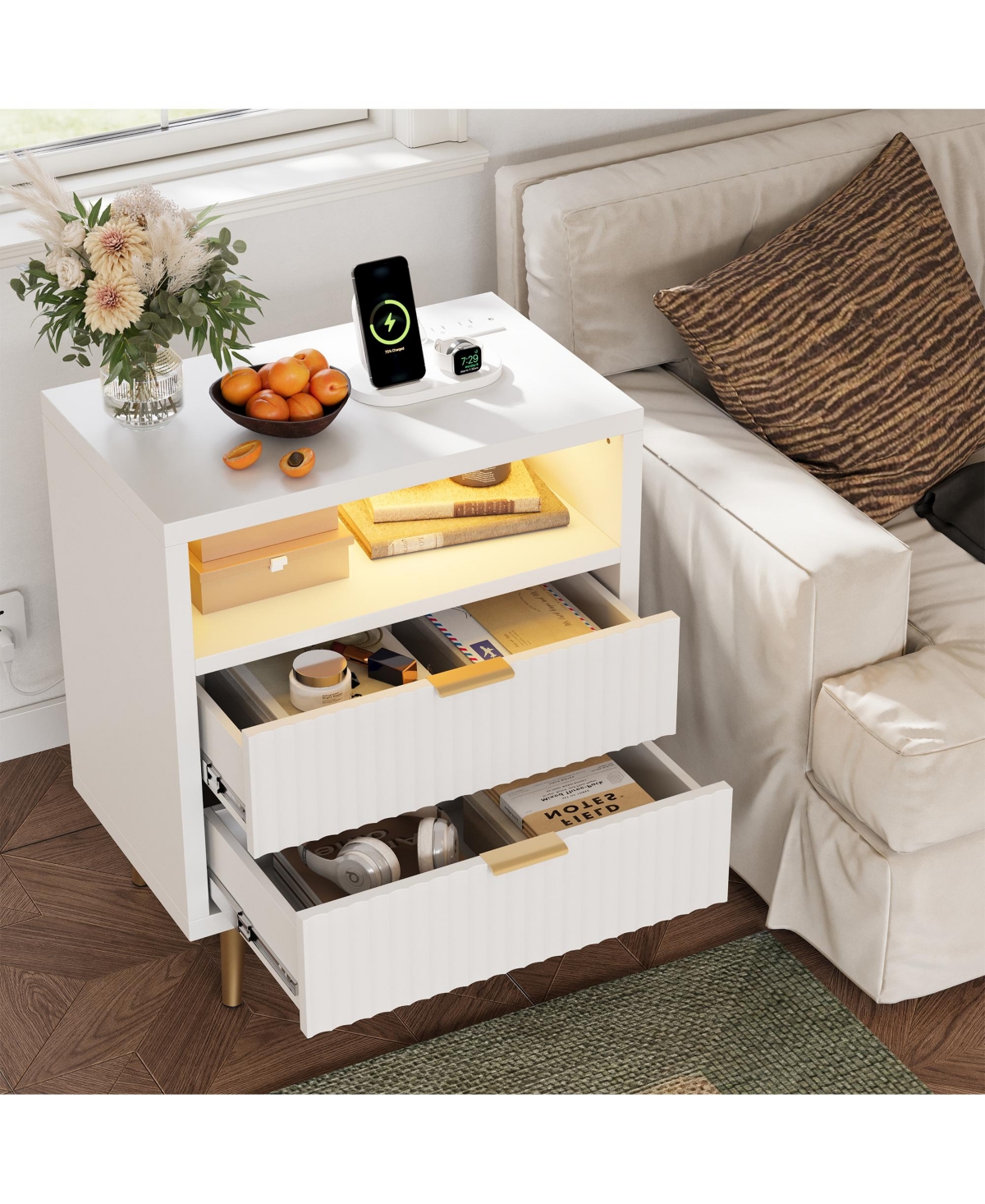 Click here for gaomon Fluted Nightstand with Led Lights  2 Drawer... prices