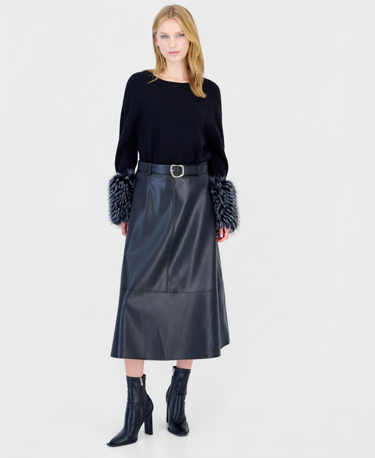 Click here for T Tahari Womens Faux Leather Midi A-Line Skirt - B... prices