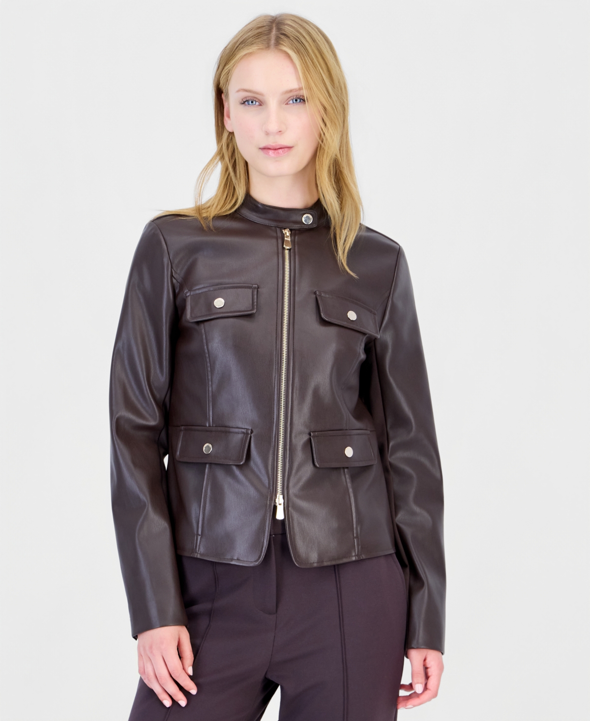 Click here for T Tahari Womens Zip-Up Mixed-Media Faux Leather Ja... prices