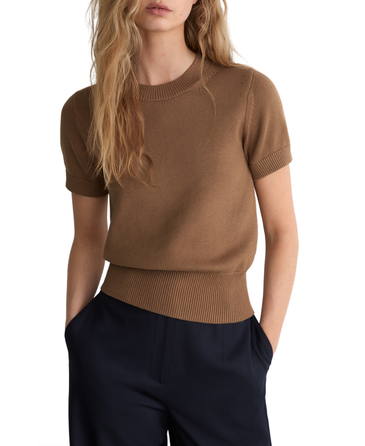 Click here for Reiss Womens Rita Knit Crew Neck Top - Camel prices