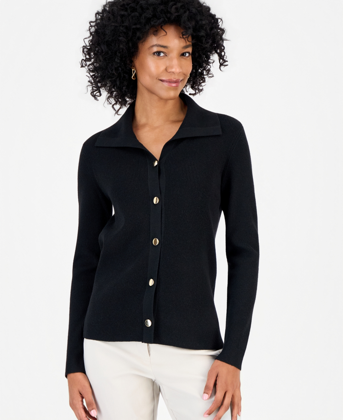 Click here for Jm Collection Womens Button-Collared Ribbed-Knit C... prices