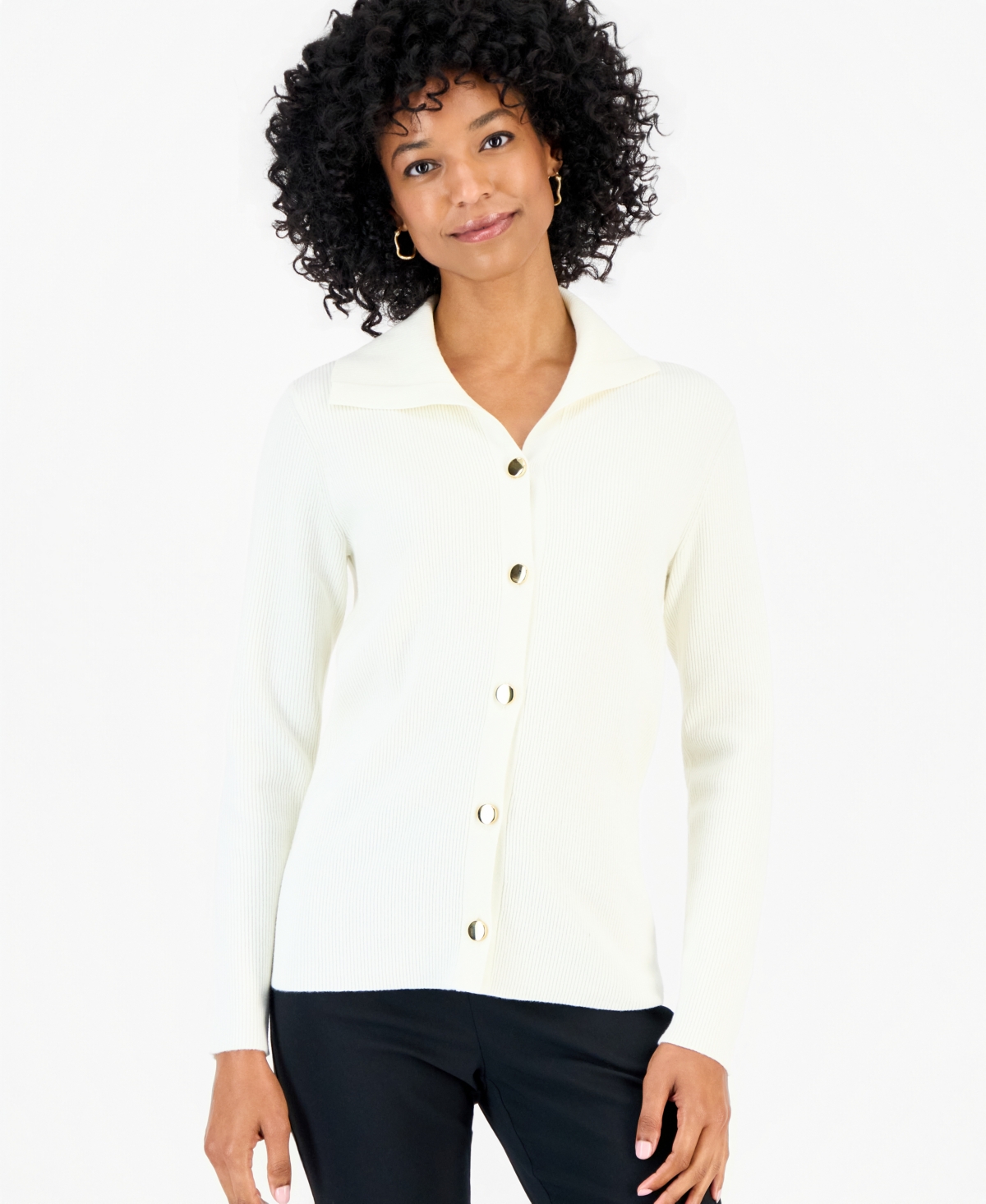 Click here for Jm Collection Womens Button-Collared Ribbed-Knit C... prices