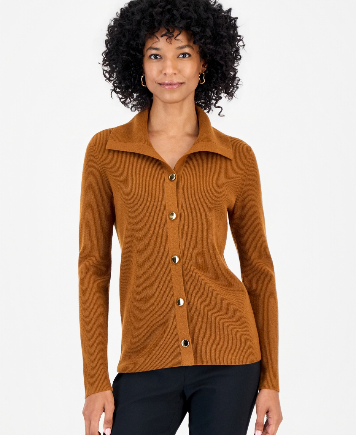 Click here for Jm Collection Womens Button-Collared Ribbed-Knit C... prices