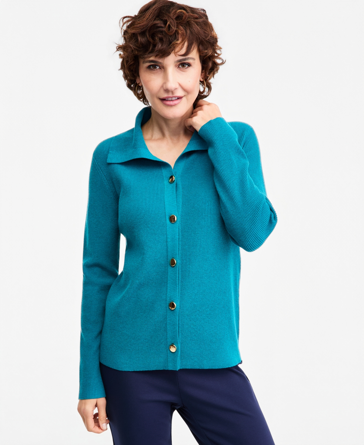 Click here for Jm Collection Womens Button-Collared Ribbed-Knit C... prices