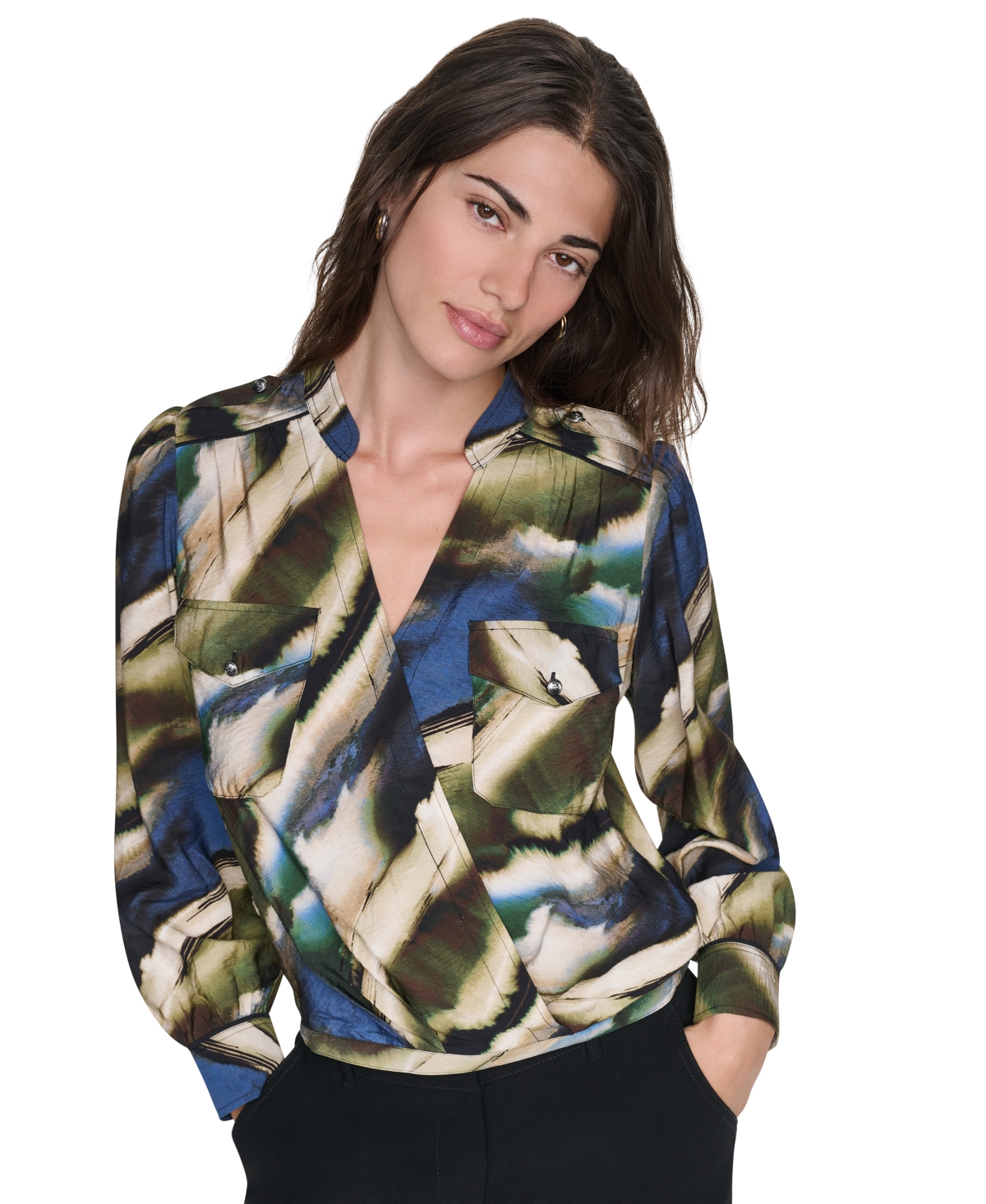 Click here for Dkny Womens Printed Surplice V-Neck Long-Sleeve Vo... prices