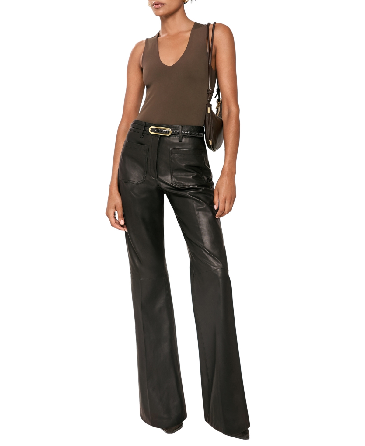 Click here for Reiss Petite Priya High-Rise Flared Leather Trouse... prices