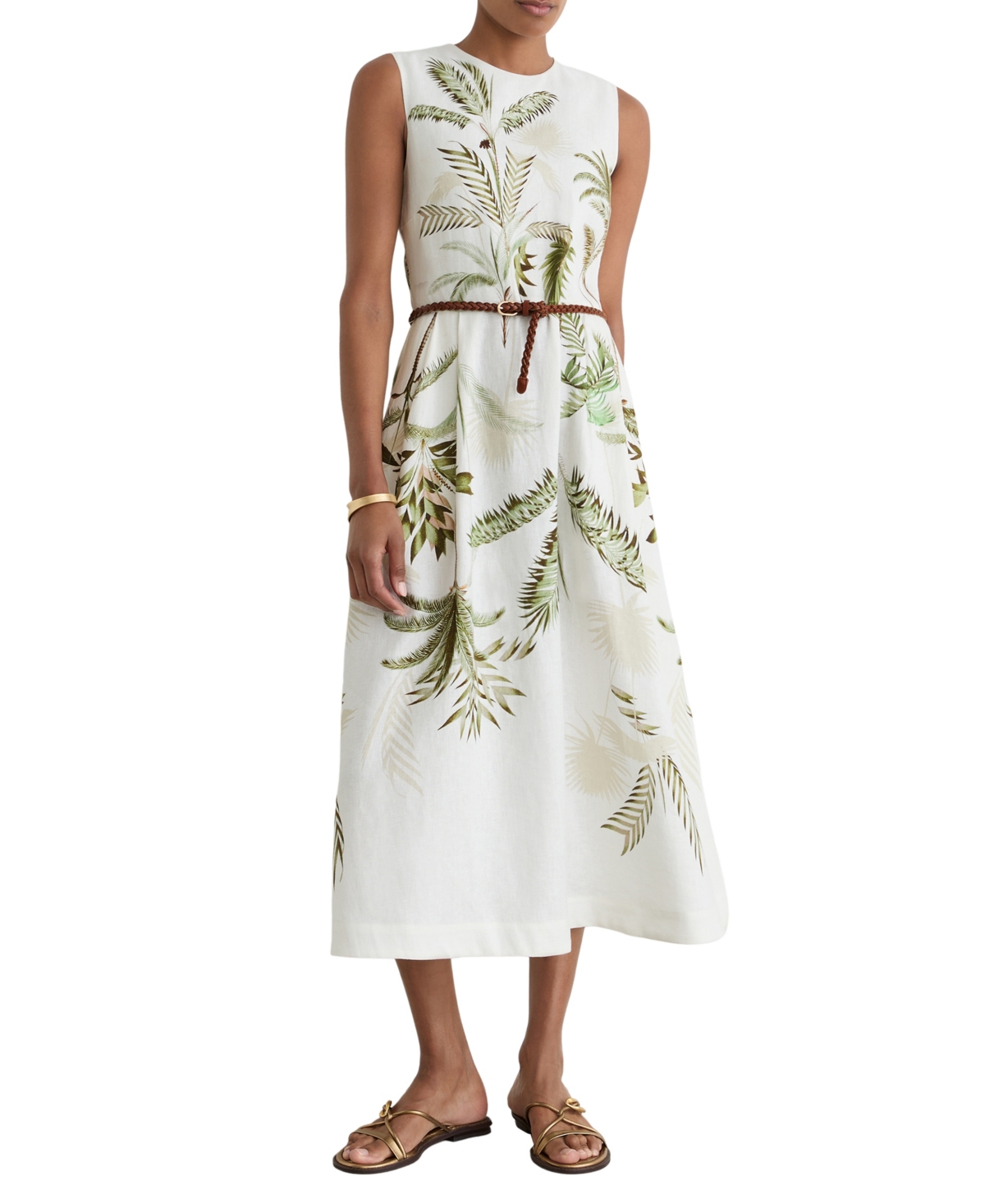 Click here for Reiss Womens Palma Linen Palm-Print Sleeveless Mid... prices