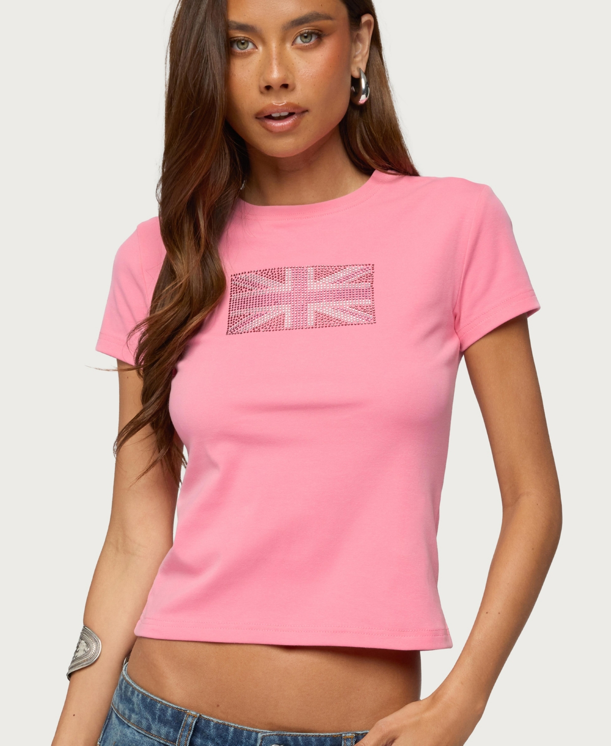 Click here for Edikted Womens Uk Girl Rhinestone T Shirt - Pink prices